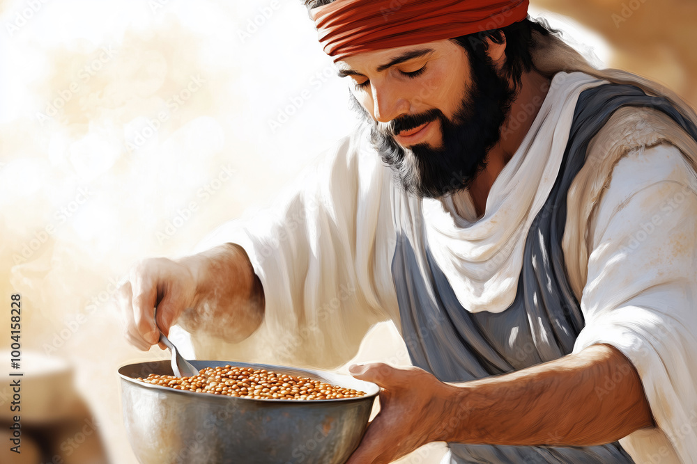 Biblical depiction of Jacob preparing lentil soup for Esau, symbolizing ...