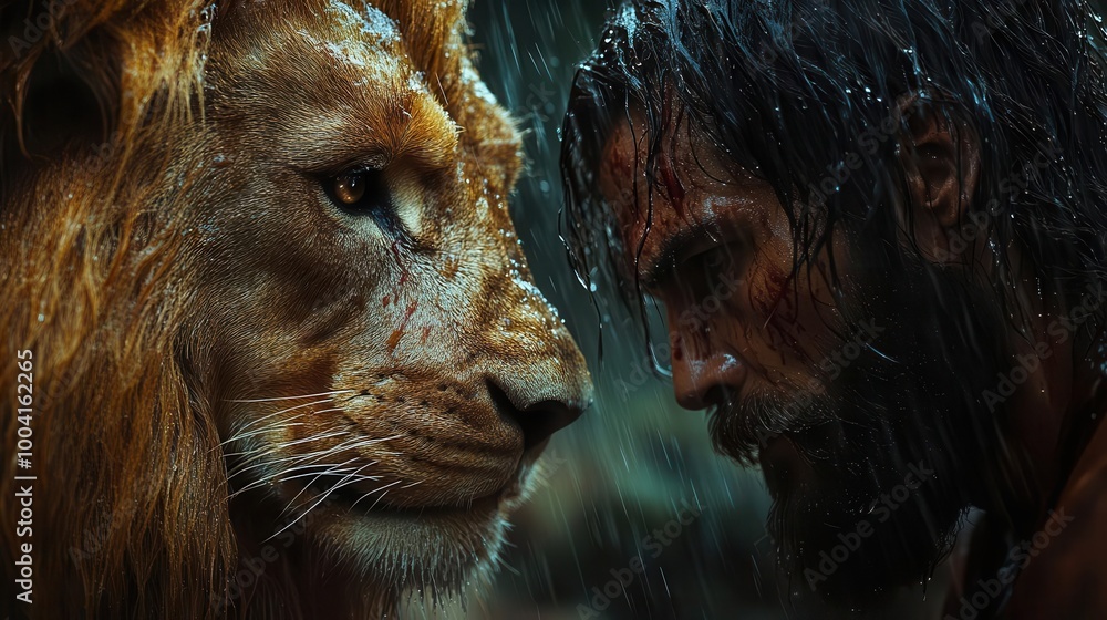 dramatic scene of jesus christ alongside the lion of judah amidst a ...