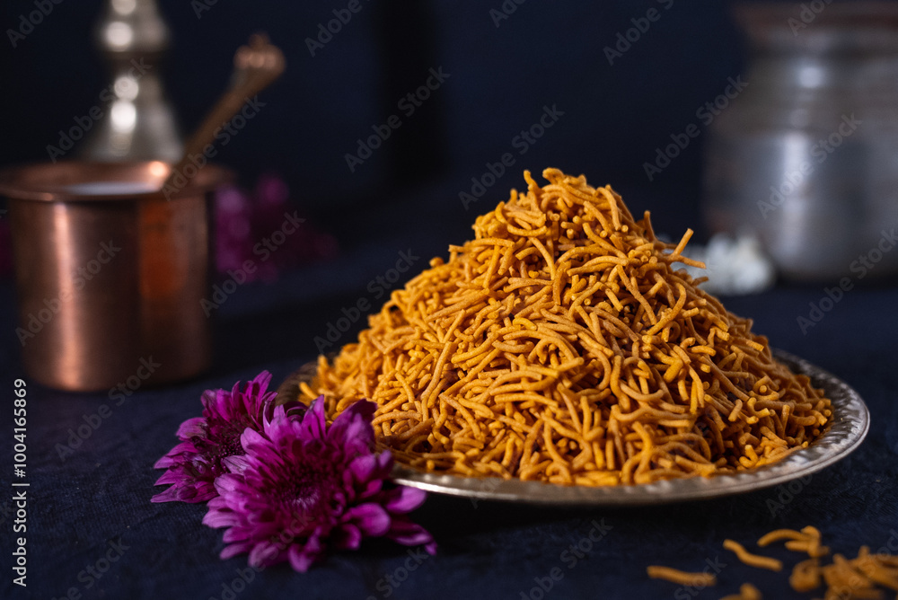 An Indian traditional snack food consisting of small pieces of crunchy ...