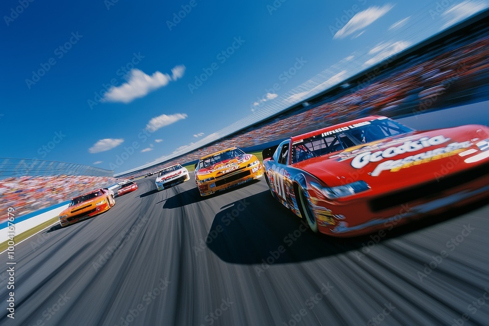 NASCAR race cars speeding through Talladega Superspeedway during the ...
