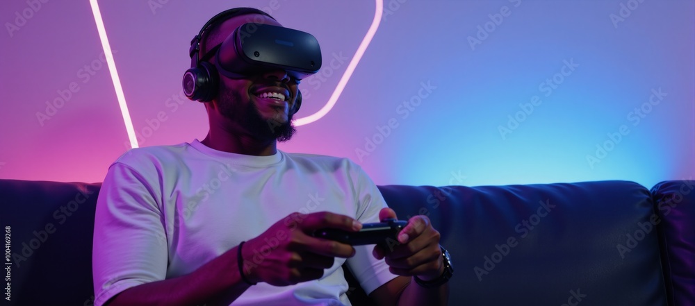 Futuristic image of an African man playing next-gen VR and AR games set ...