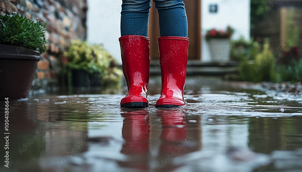 Person in red rubber boots dealing with a home affected by severe ...