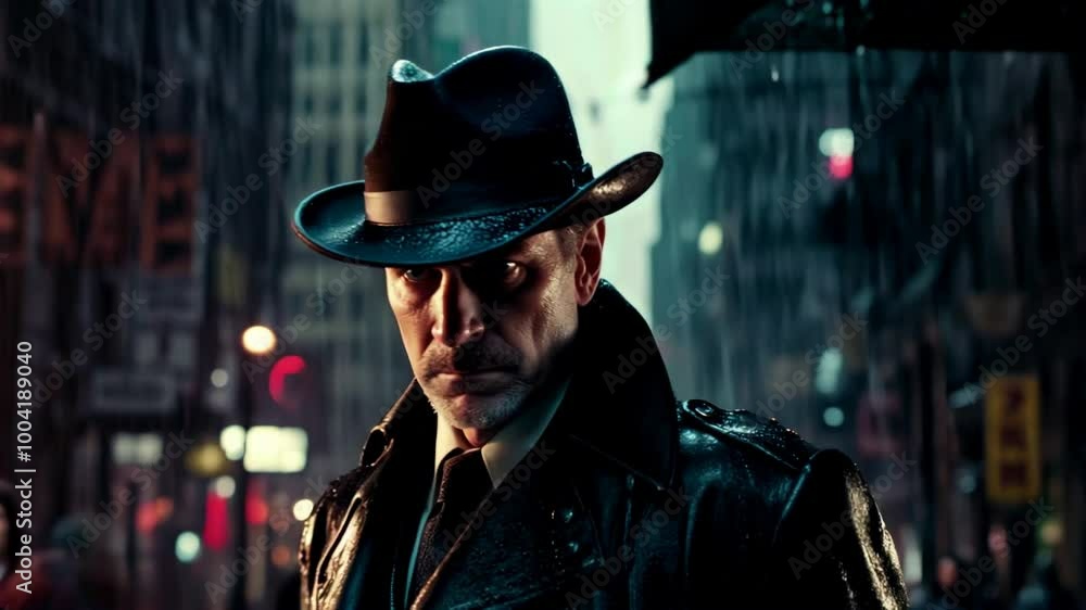 A detective stands under an umbrella in a rain-soaked city at night ...