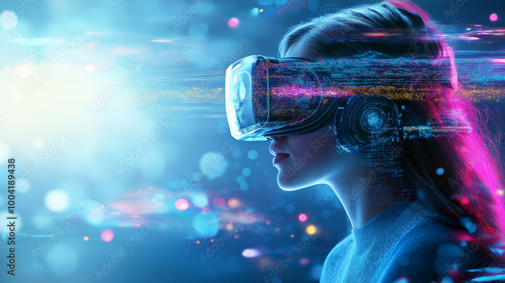 Girl in hi-tech VR glasses with elements of artificial intelligence ...