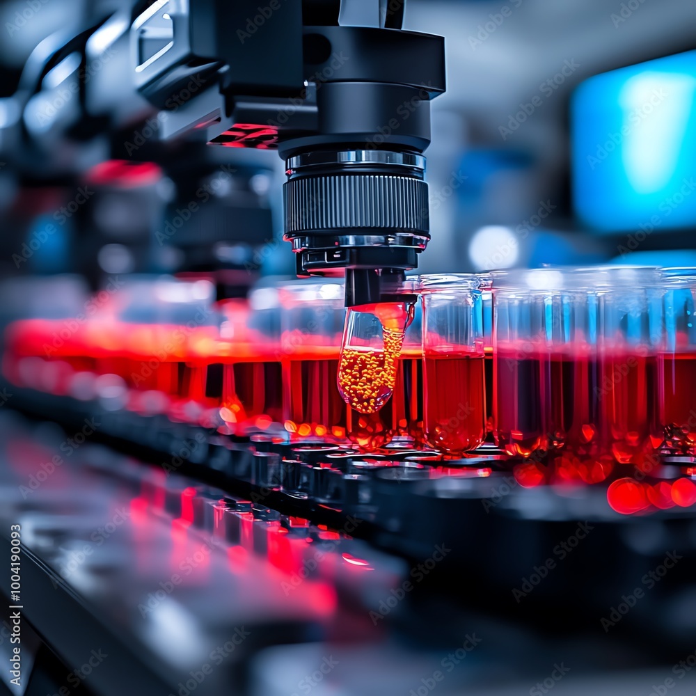 Liquid handling robots transferring fluorescent liquids between beakers ...