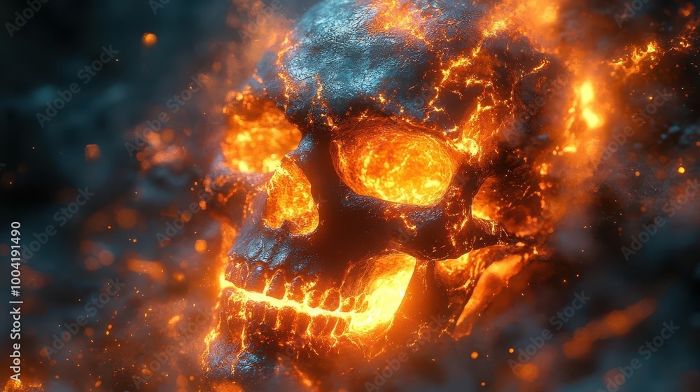 fiery skull with glowing eyes and flaming crown emerges from darkness ...