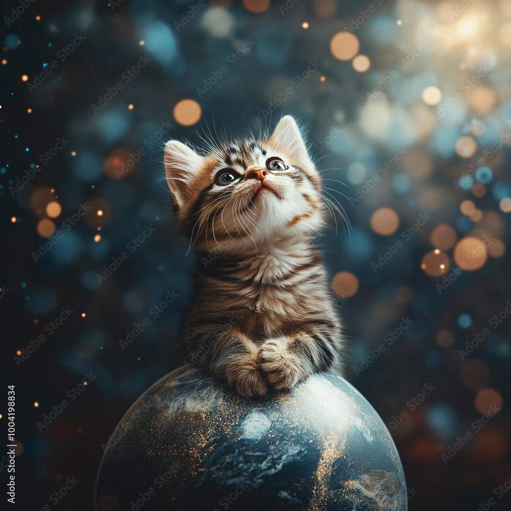 Kitten joyfully playing on a small Earth in a cosmic background Stock ...