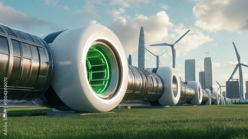 Green hydrogen energy pipeline connecting sleek industrial buildings ...