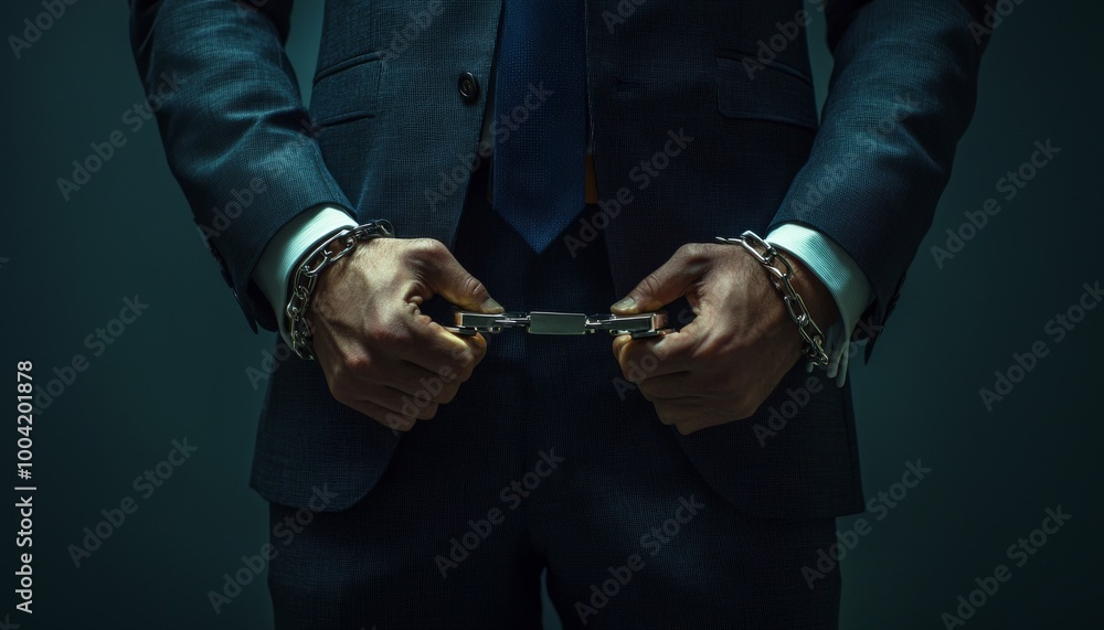 Man in a suit with chained hands standing in a dark room, symbolizing ...