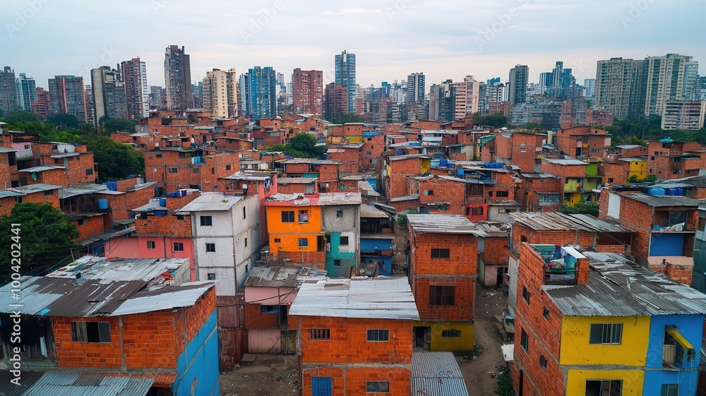 Overcrowded slum areas with poor sanitation, contrasted with luxury ...