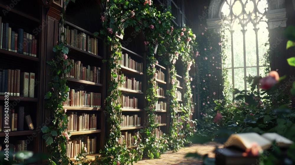 A serene, overgrown library with ivy-covered shelves and sunlight ...