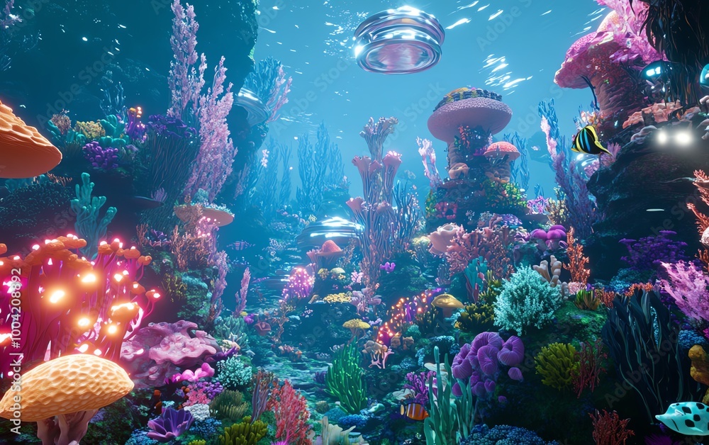 Tilted angle view, a vibrant underwater kingdom, mermaids dancing among ...
