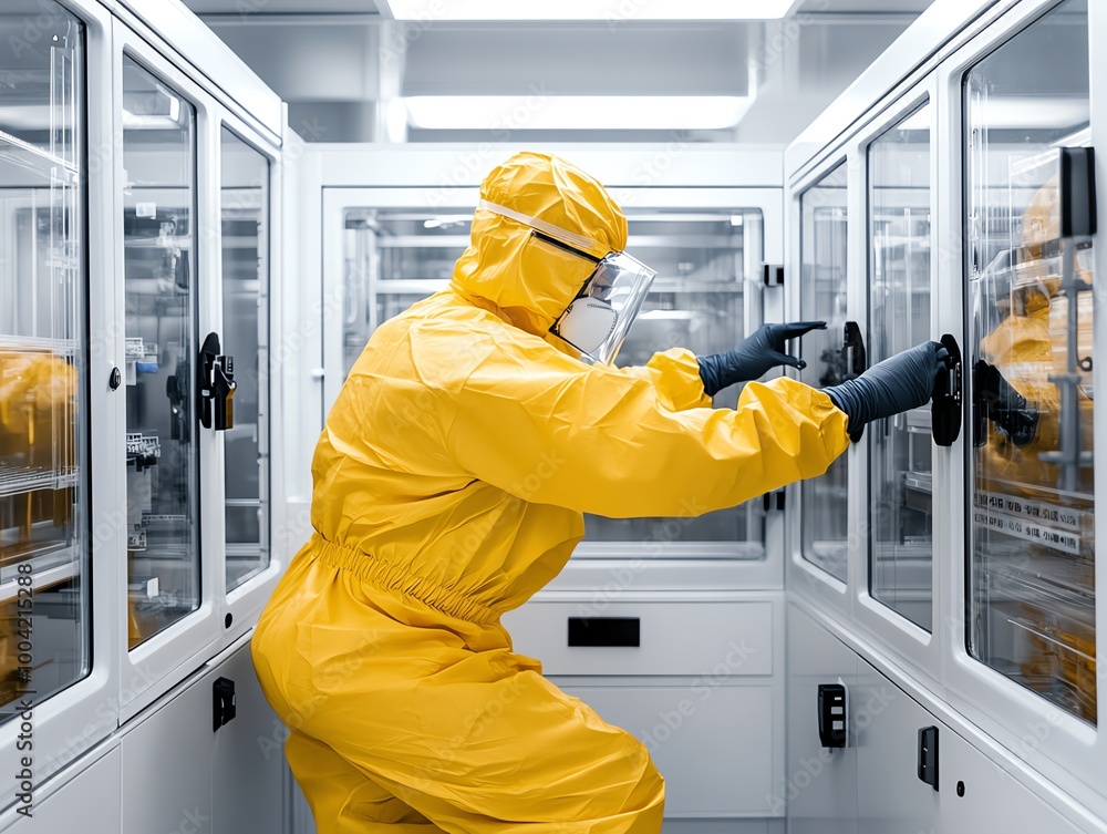 Sterile biohazard lab environment with protective equipment, air ...