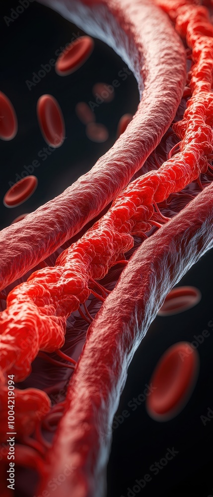 Detailed close-up of blood vessel structure with flowing red blood ...