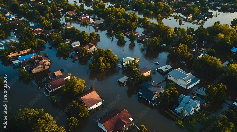 Aerial panoramic shot revealing the vast scale of a severe flooding ...