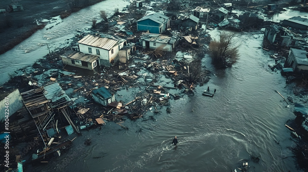 Aerial view capturing the devastating aftermath of a catastrophic flood ...