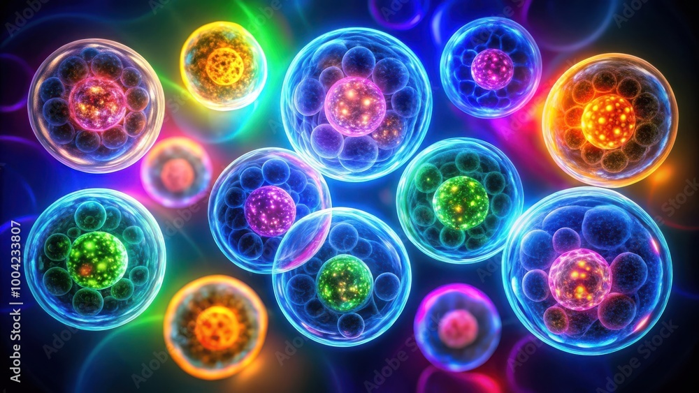 Colorful neon of cell division stages in mitosis with vibrant highlight ...