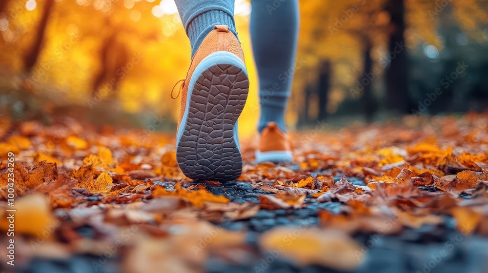 Lowangle View Of Feet Walking On A Path Covered In Colorful Autumn