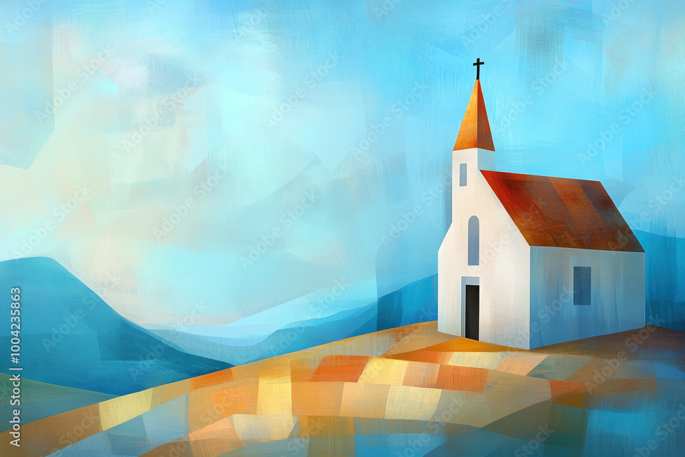Abstract illustration of a church in a peaceful landscape, featuring ...