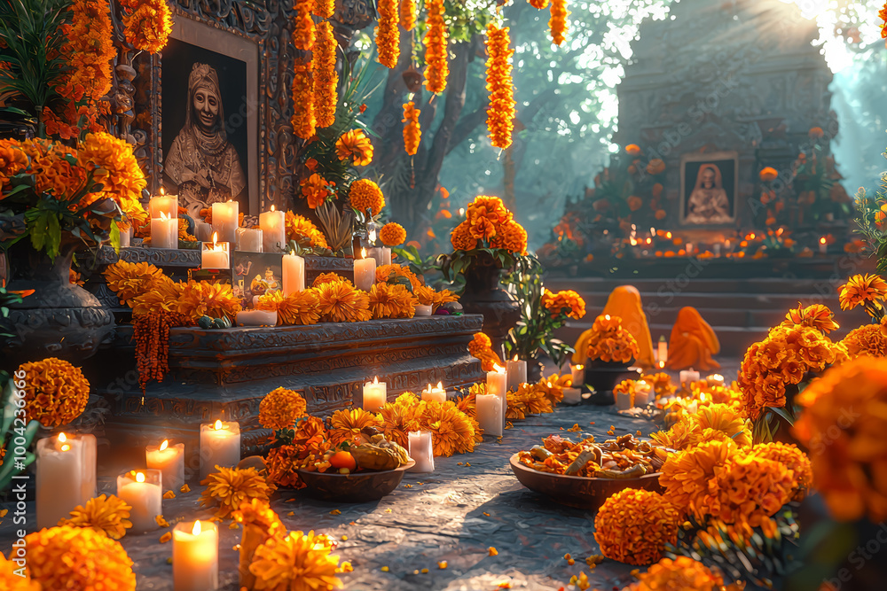 An intricately designed ofrenda with candles, marigolds, photos, and ...