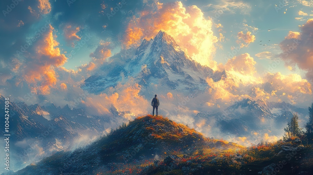 man standing atop a hill gazing at a peculiar mountain rendered in a ... man standing atop a hill gazing at a peculiar mountain rendered in a ...
