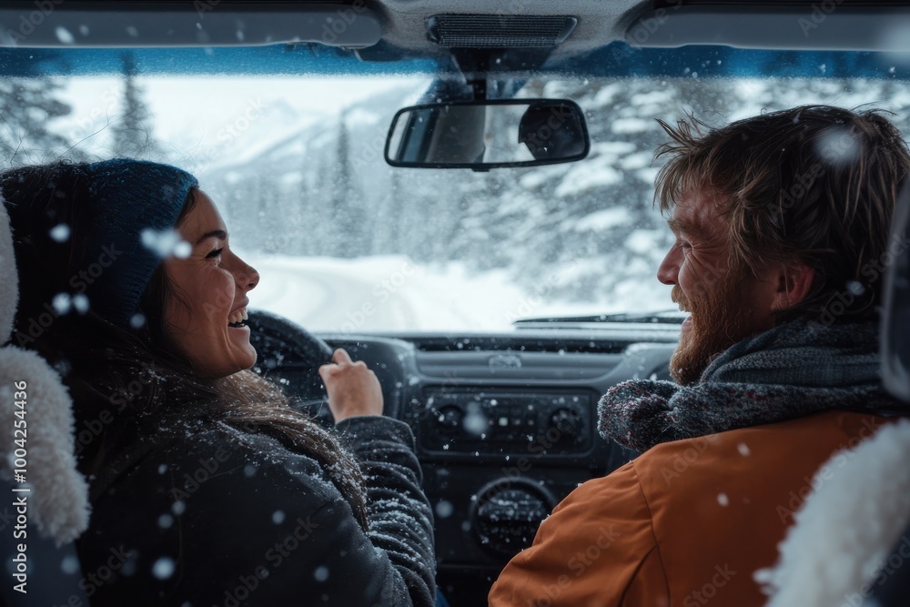 Friends share laughs during a winter drive through snowy landscapes ...