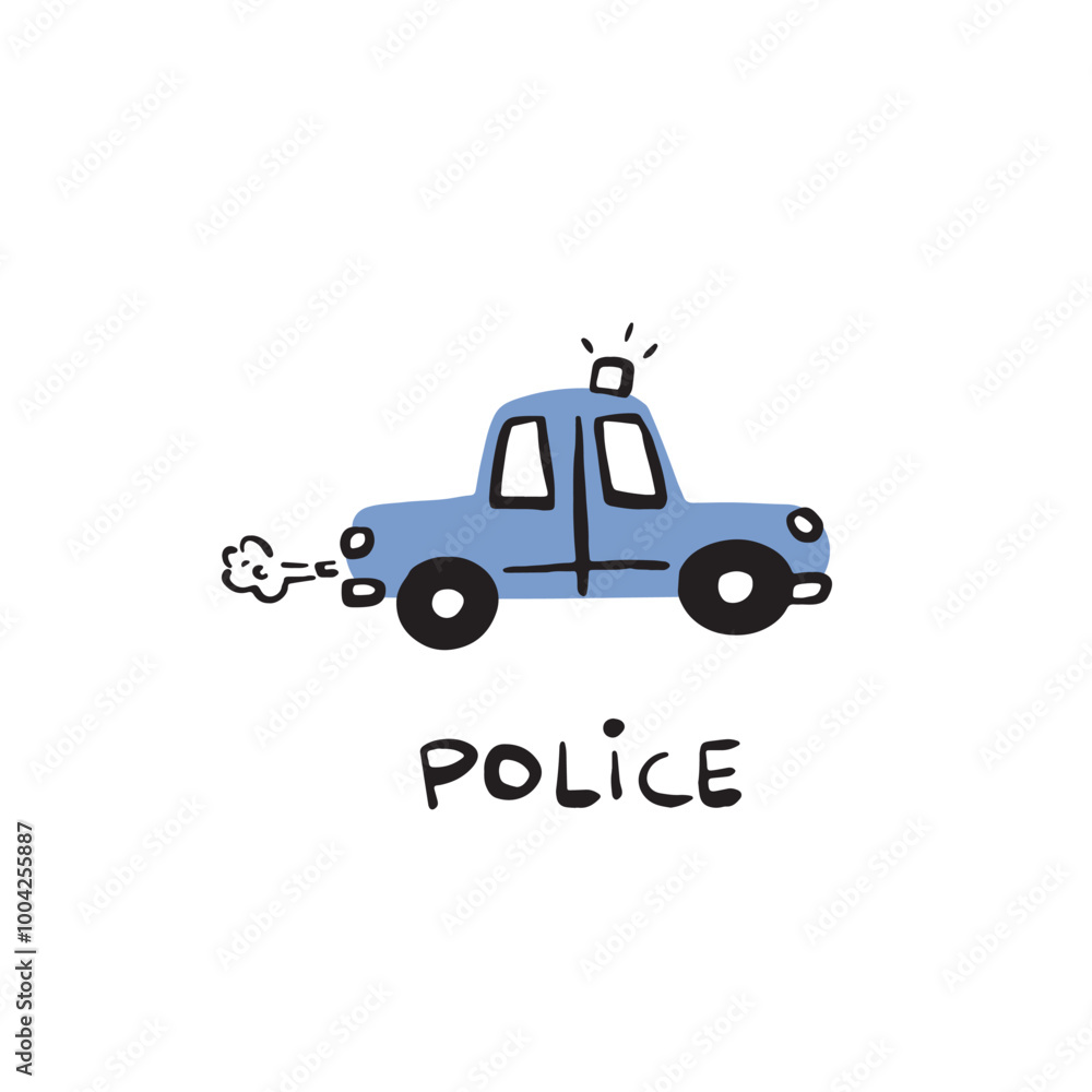 Cute cars handwritten lettering, flat nice city police car with ...