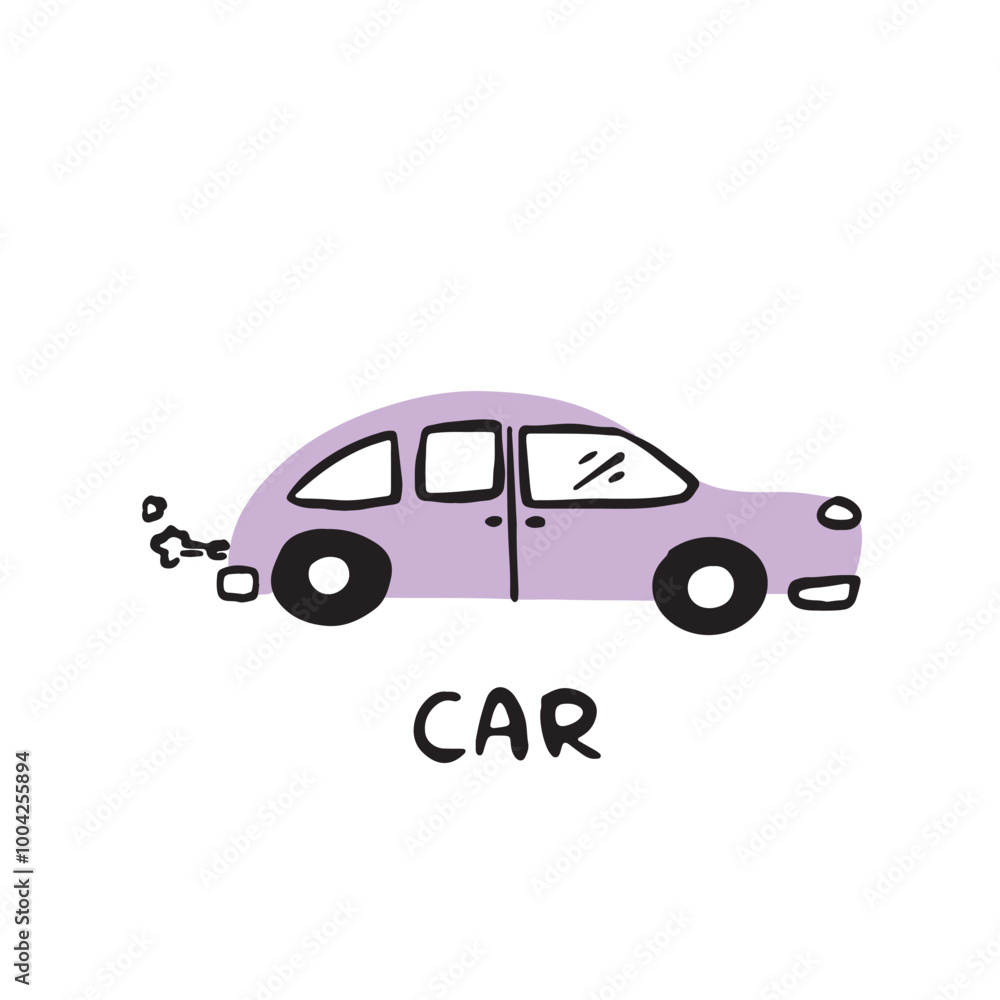 Cute cars handwritten lettering, flat nice city car with isolated on ...