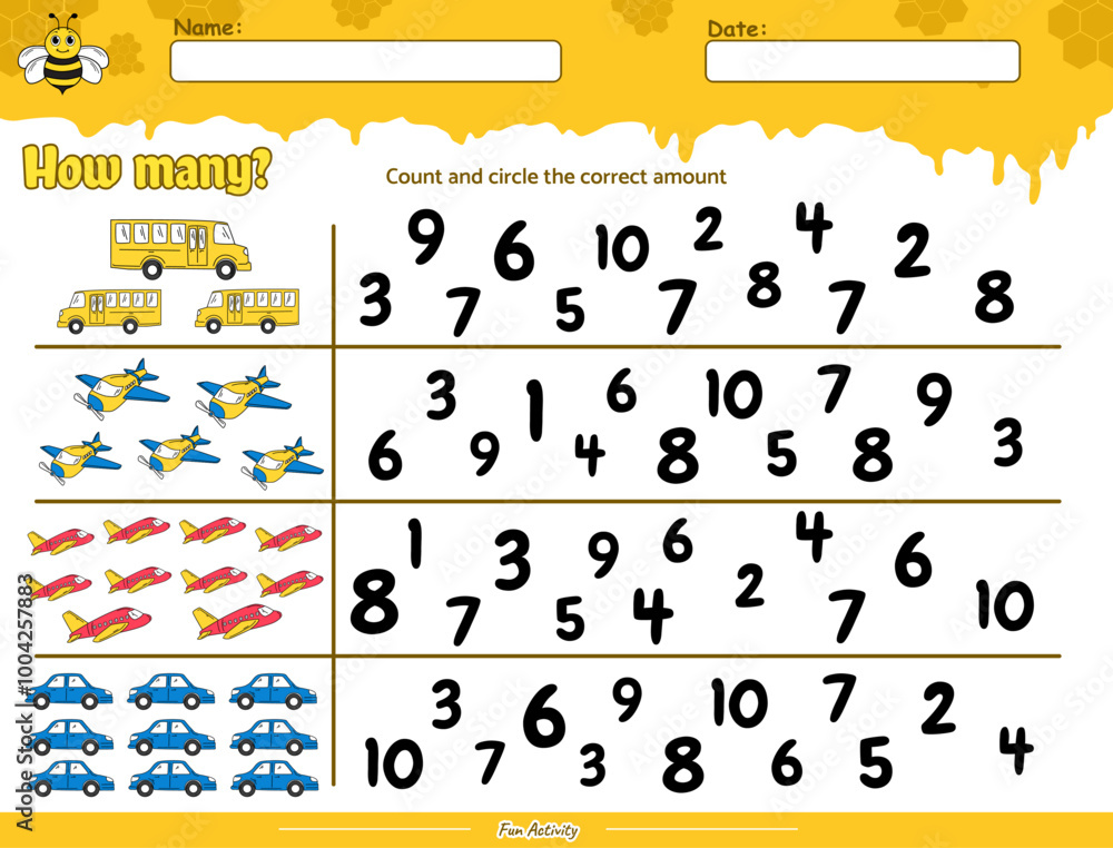 Count and circle the correct number Beehive theme with transportation ...