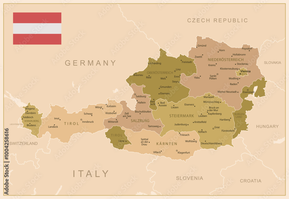 Austria - detailed map of the country in brown colors, divided into ...