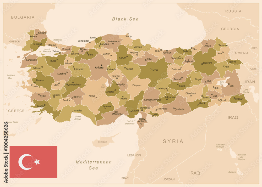 Turkey - detailed map of the country in brown colors, divided into ...