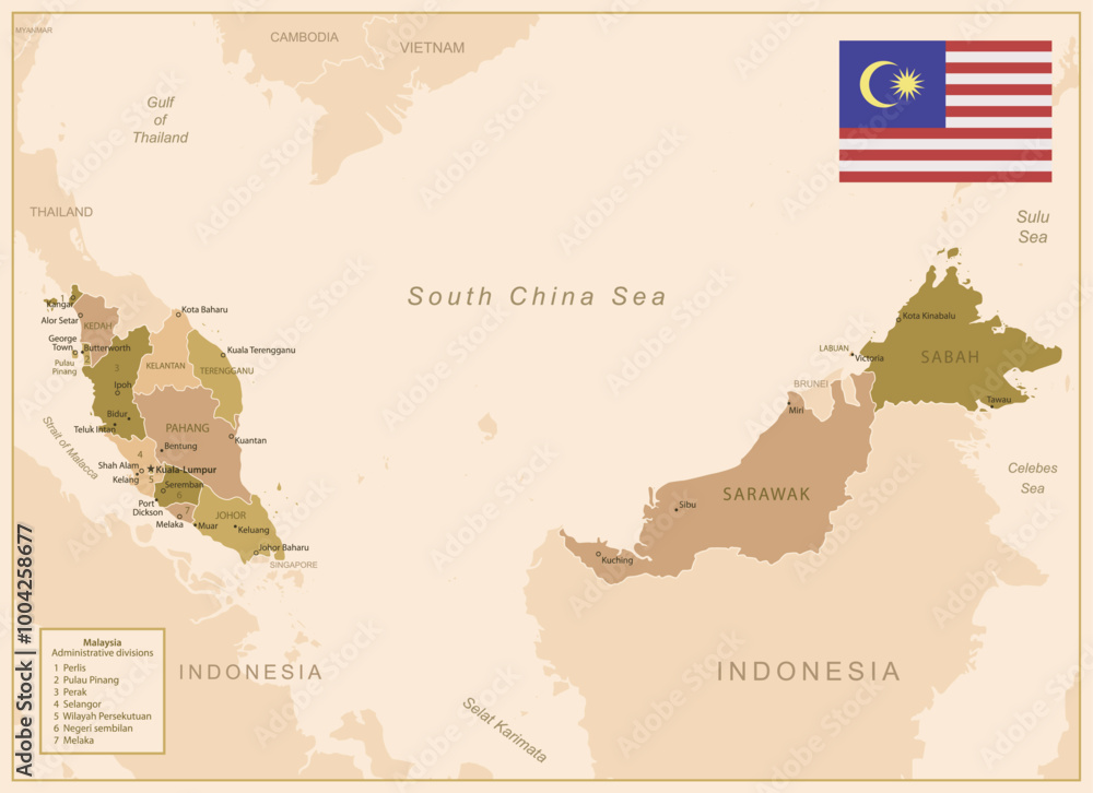 Malaysia - detailed map of the country in brown colors, divided into ...