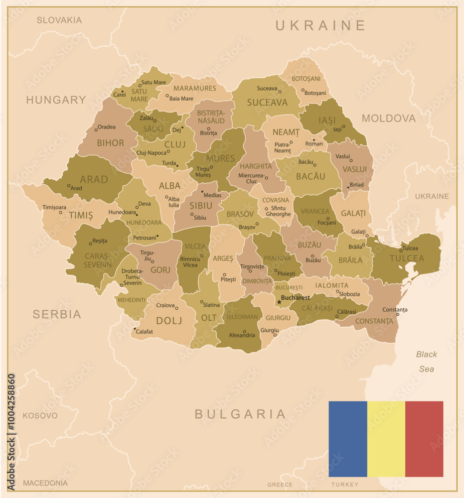 Romania - detailed map of the country in brown colors, divided into ...