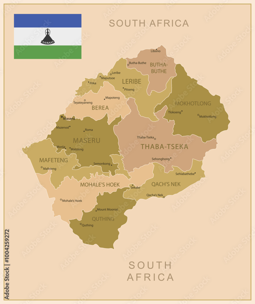 Lesotho - detailed map of the country in brown colors, divided into ...