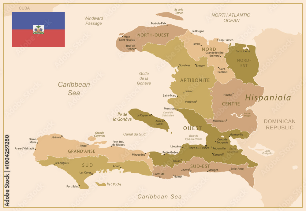 Haiti - detailed map of the country in brown colors, divided into ...