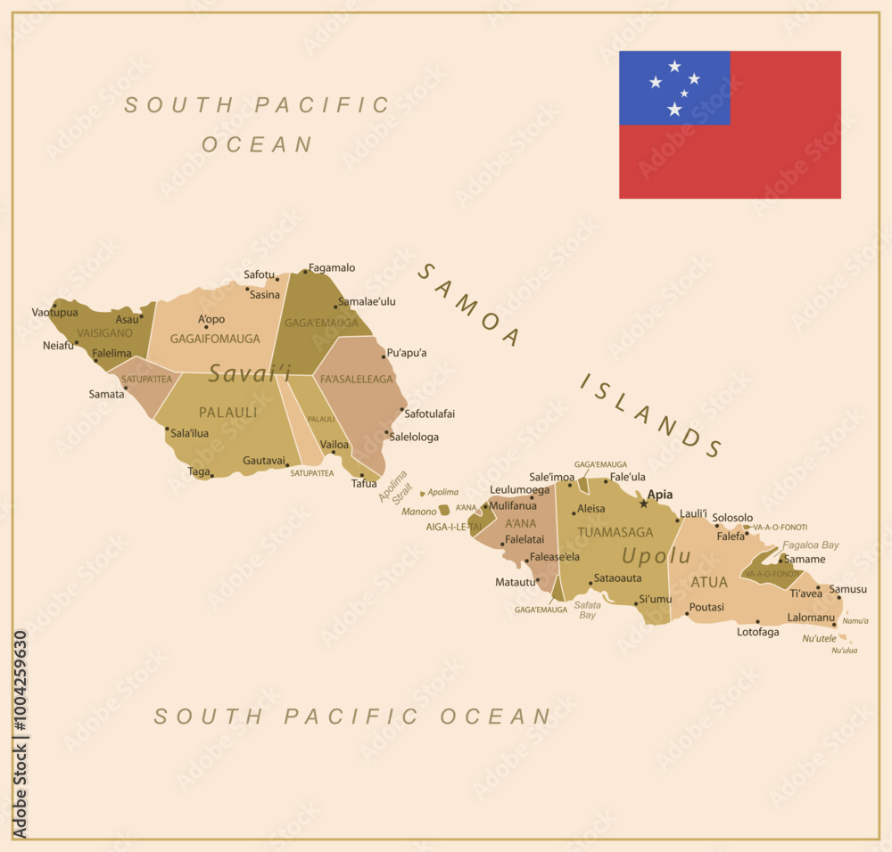 Poster Samoa - detailed map of the country in brown colors, divided ...