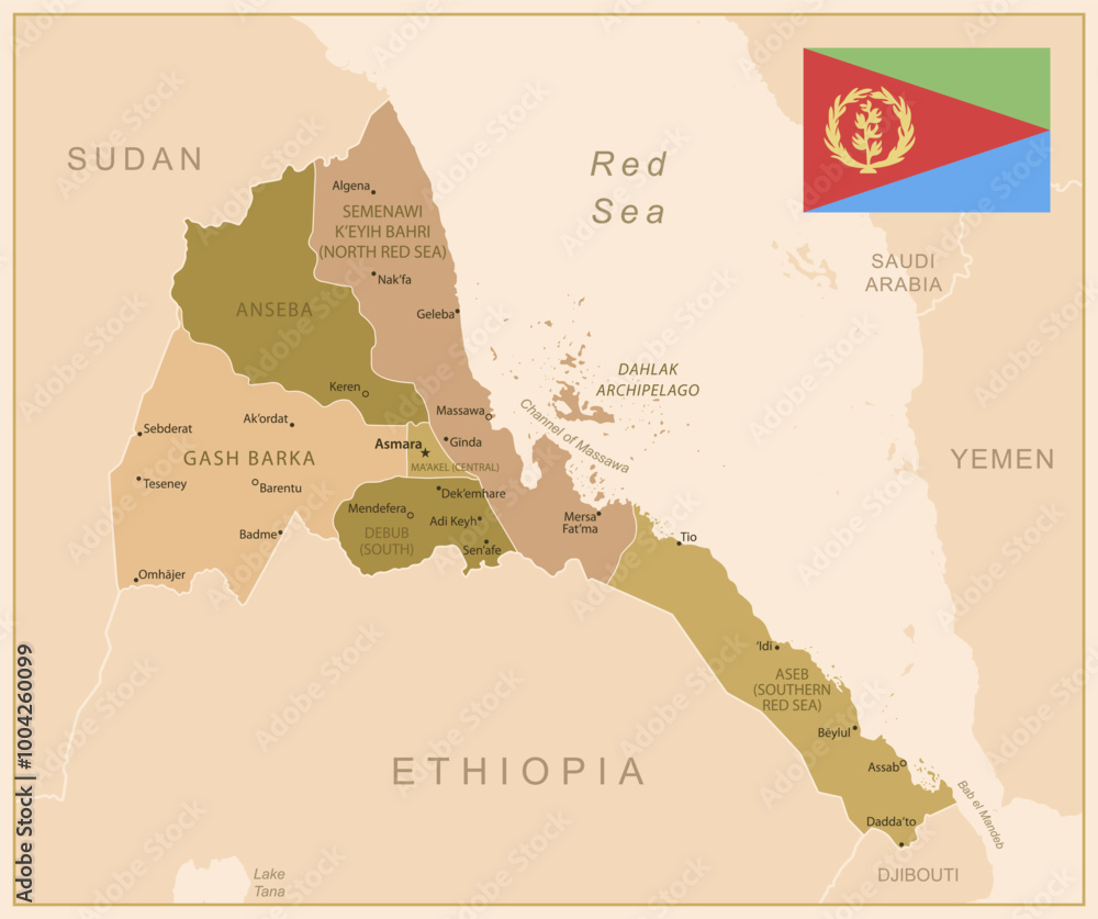 Poster Eritrea - detailed map of the country in brown colors, divided ...
