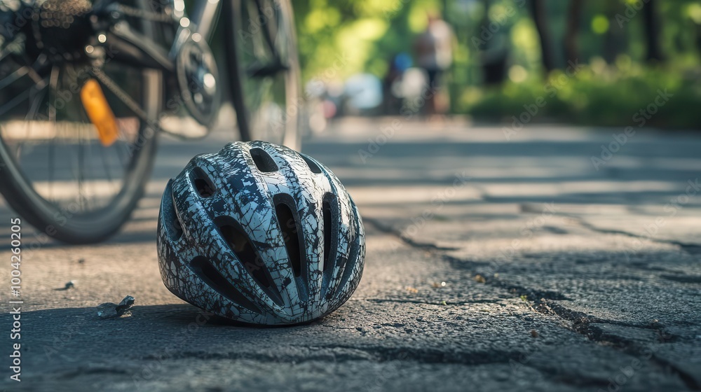 Sobering aftermath of a bicycle accident a cracked helmet lies on city ...