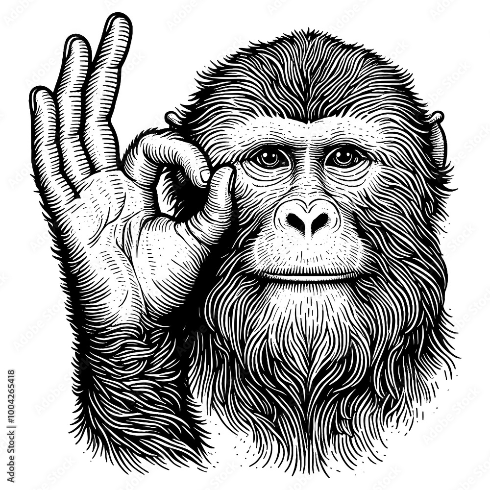 monkey making an OK hand gesture, drawn in an engraving style sketch ...