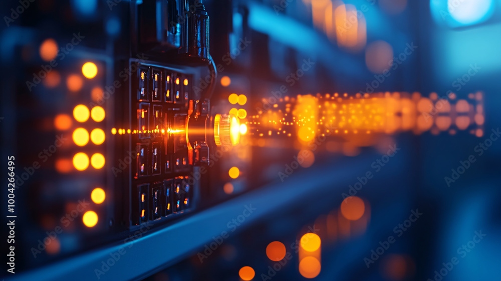A computer server with a glowing orange light. The server is surrounded ...