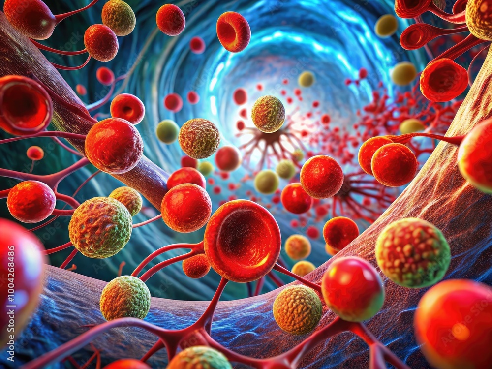 Detailed view of endothelial cells forming a lining in blood vessels ...
