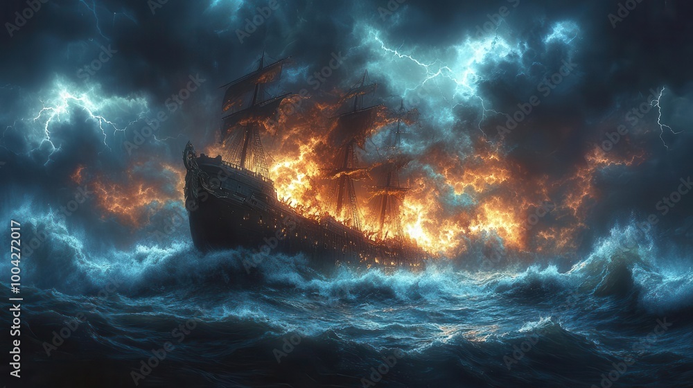 noahs ark braving ferocious waves under dark storm clouds showcasing ...