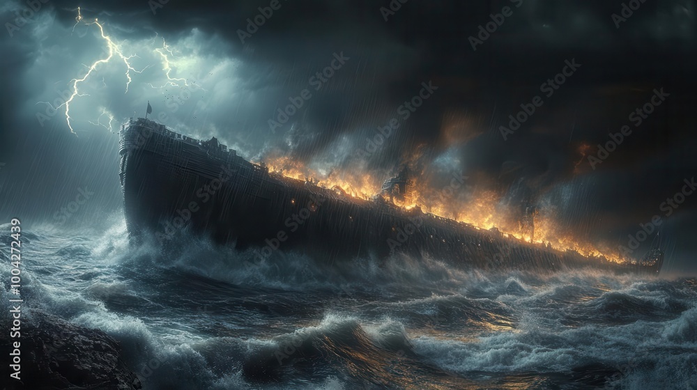 noahs ark braving ferocious waves under dark storm clouds showcasing ...