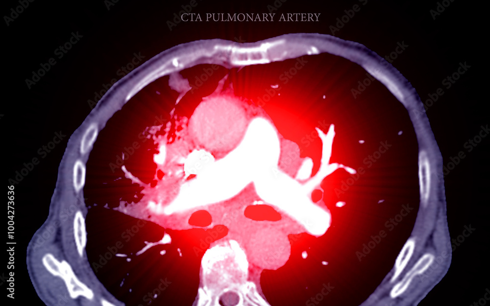 A CTA (CT angiography) scan of the pulmonary artery, highlighting the ...