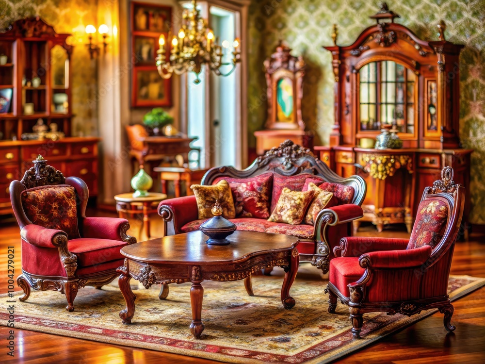 Elegant Victorian Furniture Set in Antique Style with Intricate Designs ...