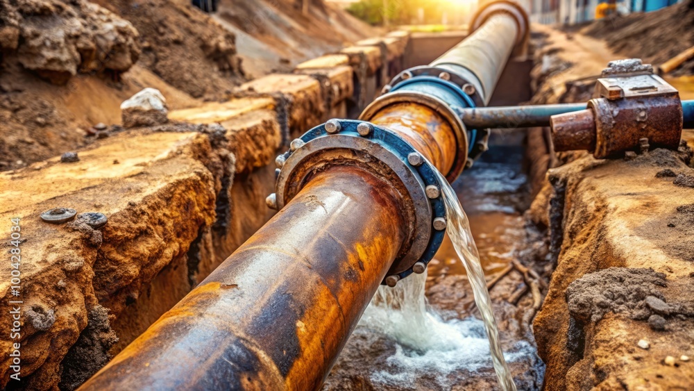 Leaking rusty water pipe in a construction trench, highlighting ...