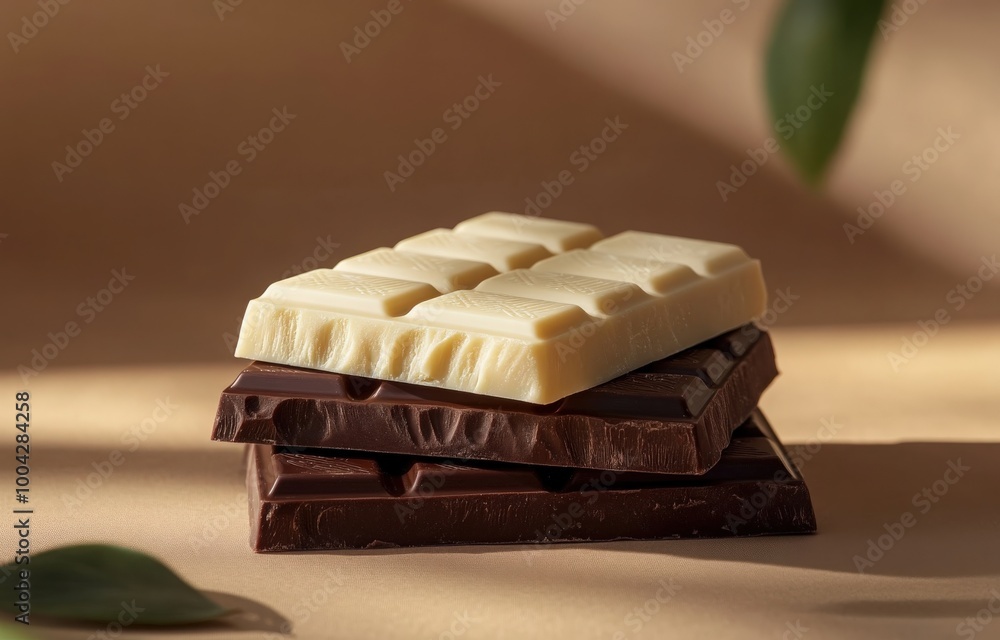 Stacked chocolate bars in natural light highlighting rich cocoa layers ...