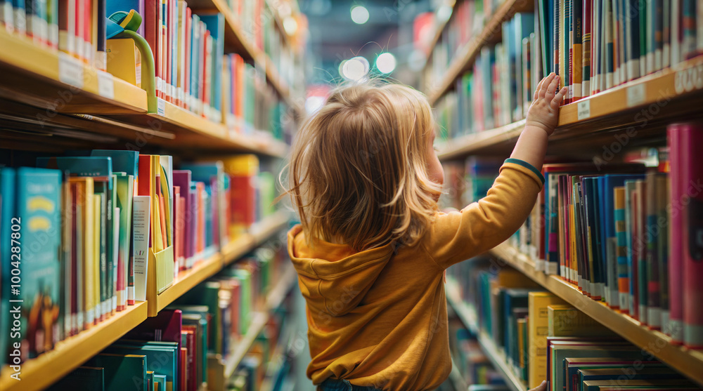 Child exploring bookshelf in library early childhood education and ...