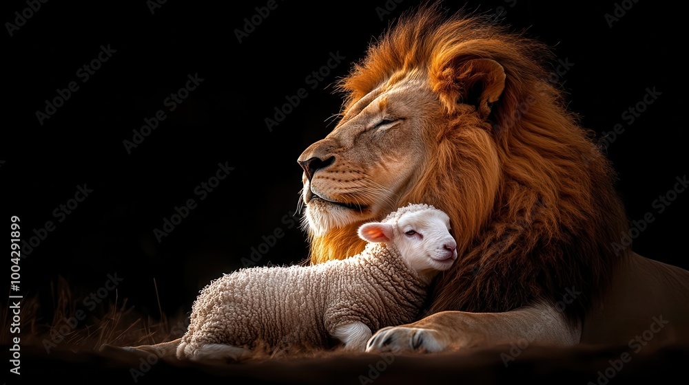 profile view of a lion and lamb on a black background illustrating the ...