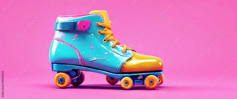 A brightly colored roller skate with neon accents stands against a ...